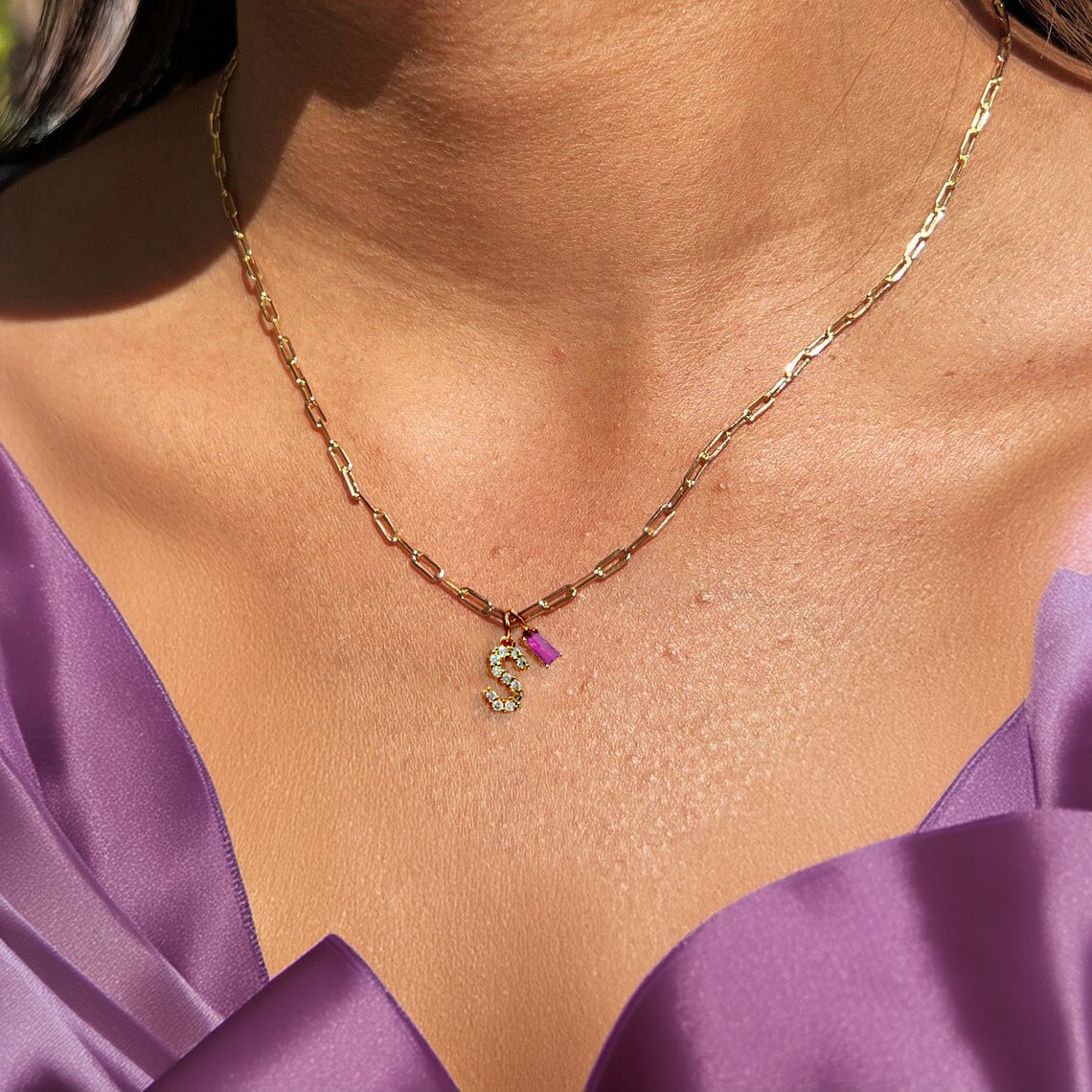 Dainty Diamond Letter Initial & Birthstone Paperclip Chain Necklace